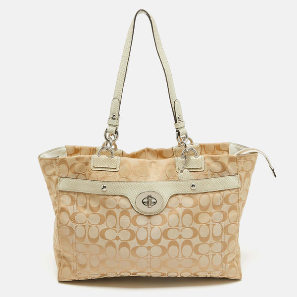 Coach Beige/Off White Signature Canvas and Snakeskin Embossed Leather ...